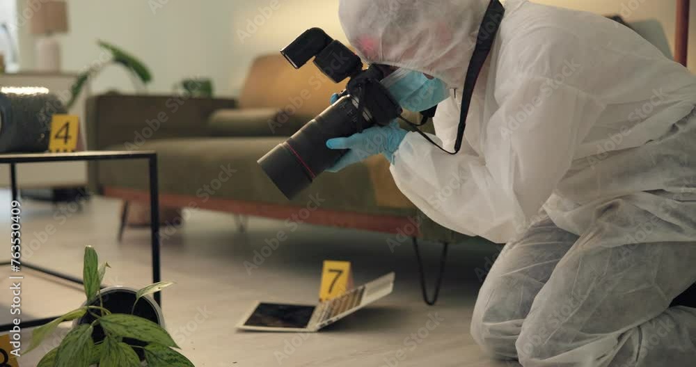 Csi, photographer and evidence at crime scene for investigation of house burglary or murder ...