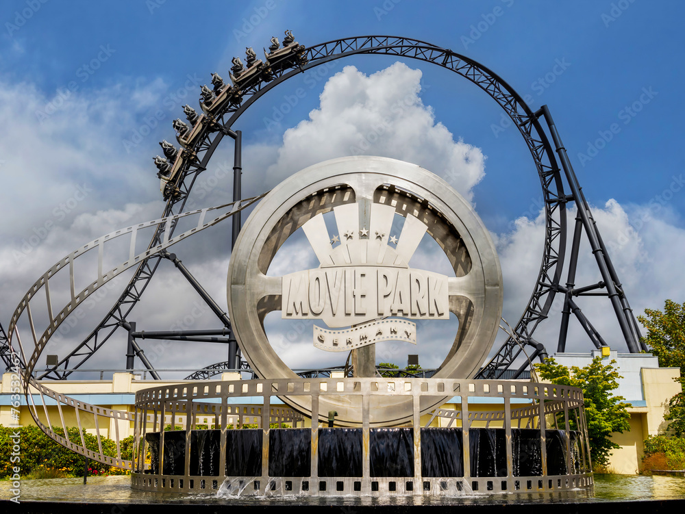 Movie Park Germany. August 2023. The entrance and roller coaster at ...