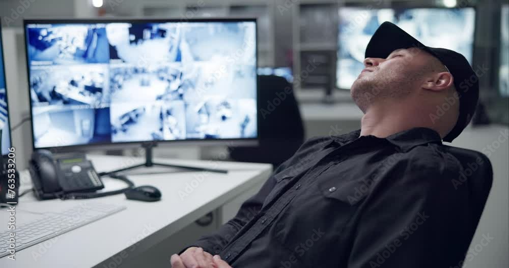 Sleeping, security guard and computer for surveillance, camera and cctv ...