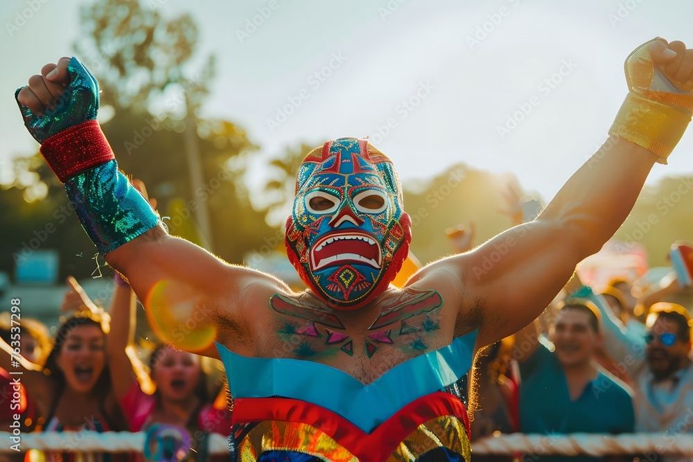 Wrestler celebrating victory in a Lucha Libre mask. Cinco De Mayo ...