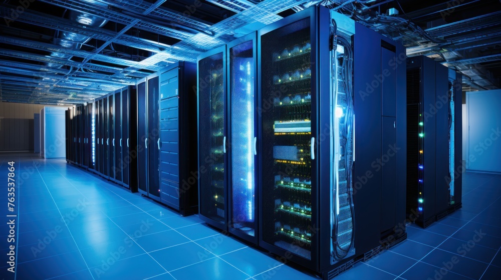 Depict a state of the art data center with rows of server racks ...