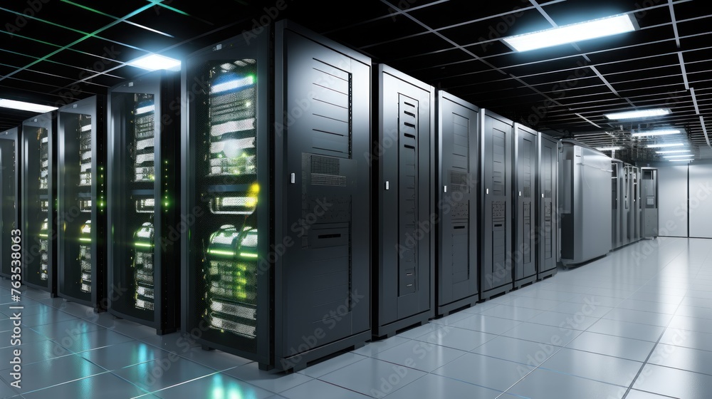 Depict a state of the art data center with rows of server racks ...