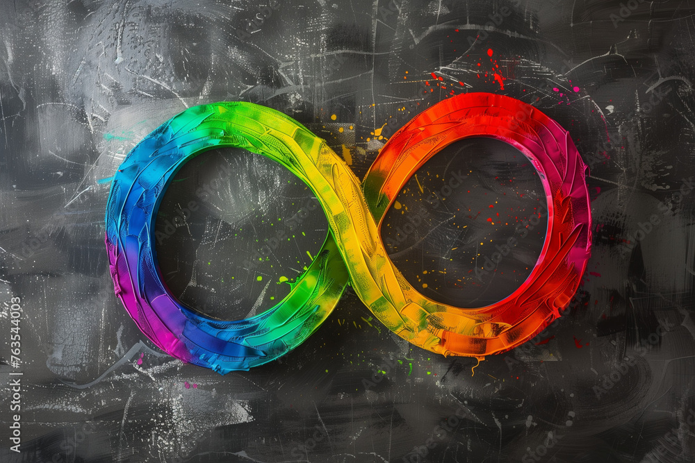 Rainbow-colored infinity loop with vibrant paint splatters on a grungy ...