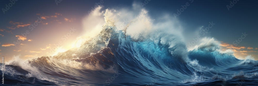 Sunlit high ocean wave radiating with sun rays and abundant space for ...