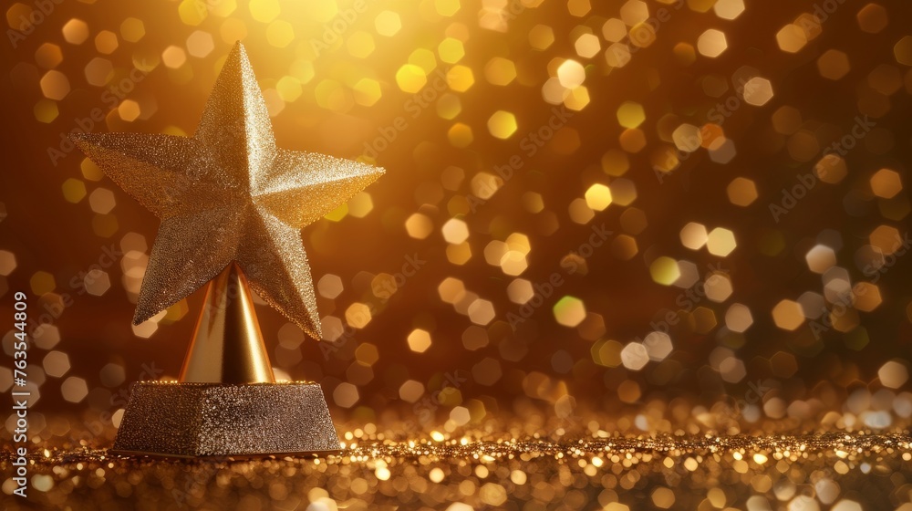 A 3D rendered image of a gold star trophy set against a glittering gold ...