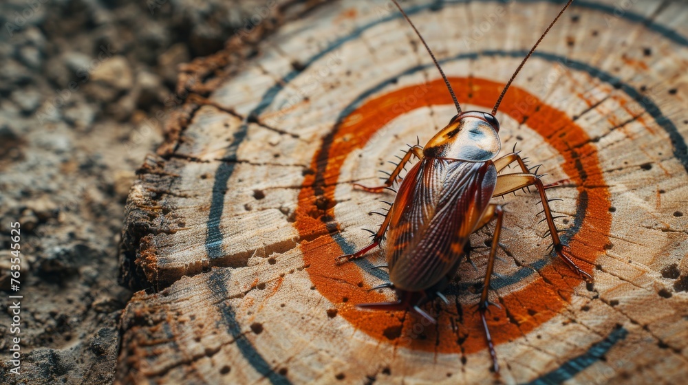 A concept of pest control, with a gun target aimed at a cockroach ...