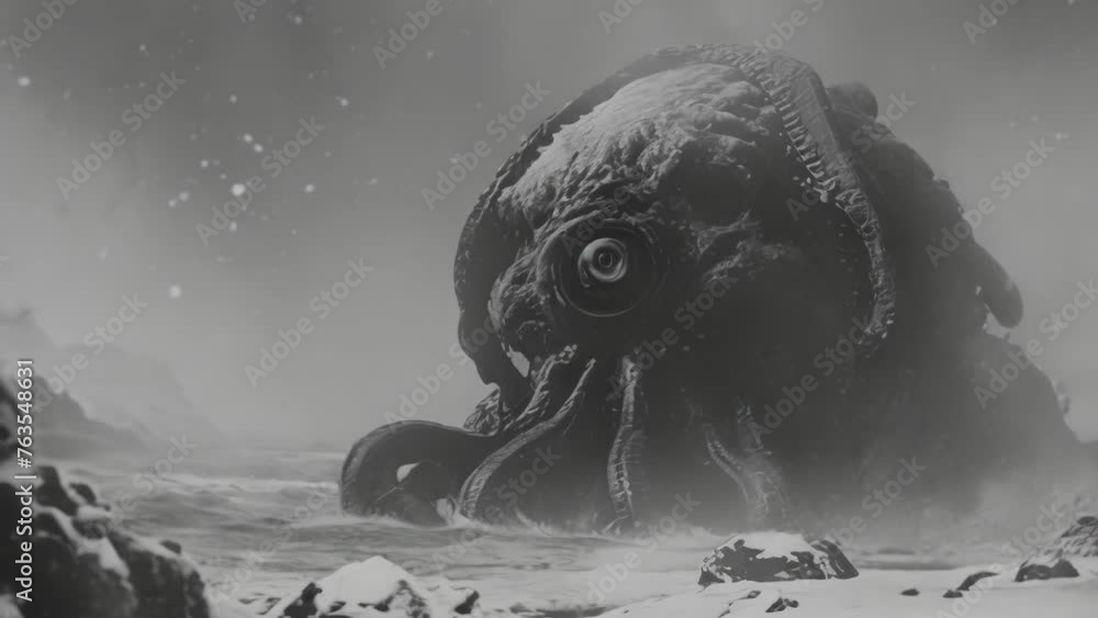 Vidéo Stock Vintage sci-fi giant octopus alien monster in the Arctic ...