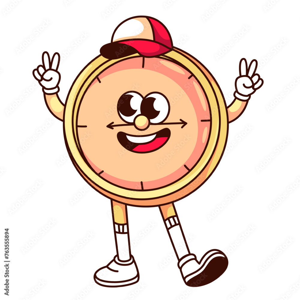 Groovy retro clock cartoon character with hippie peace gesture. Funny ...