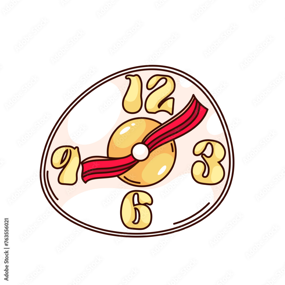 Groovy cartoon fried egg clock with numbers and red bacon hands. Funny ...