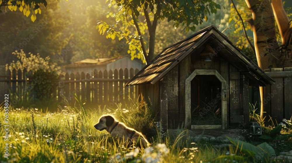 Close-ups of a dog sitting in a kennel, a doghouse in a well-lit area ...