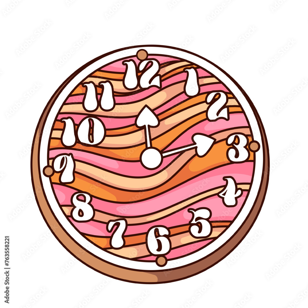 Groovy cartoon retro clock with psychedelic wave pattern. Funny wall ...