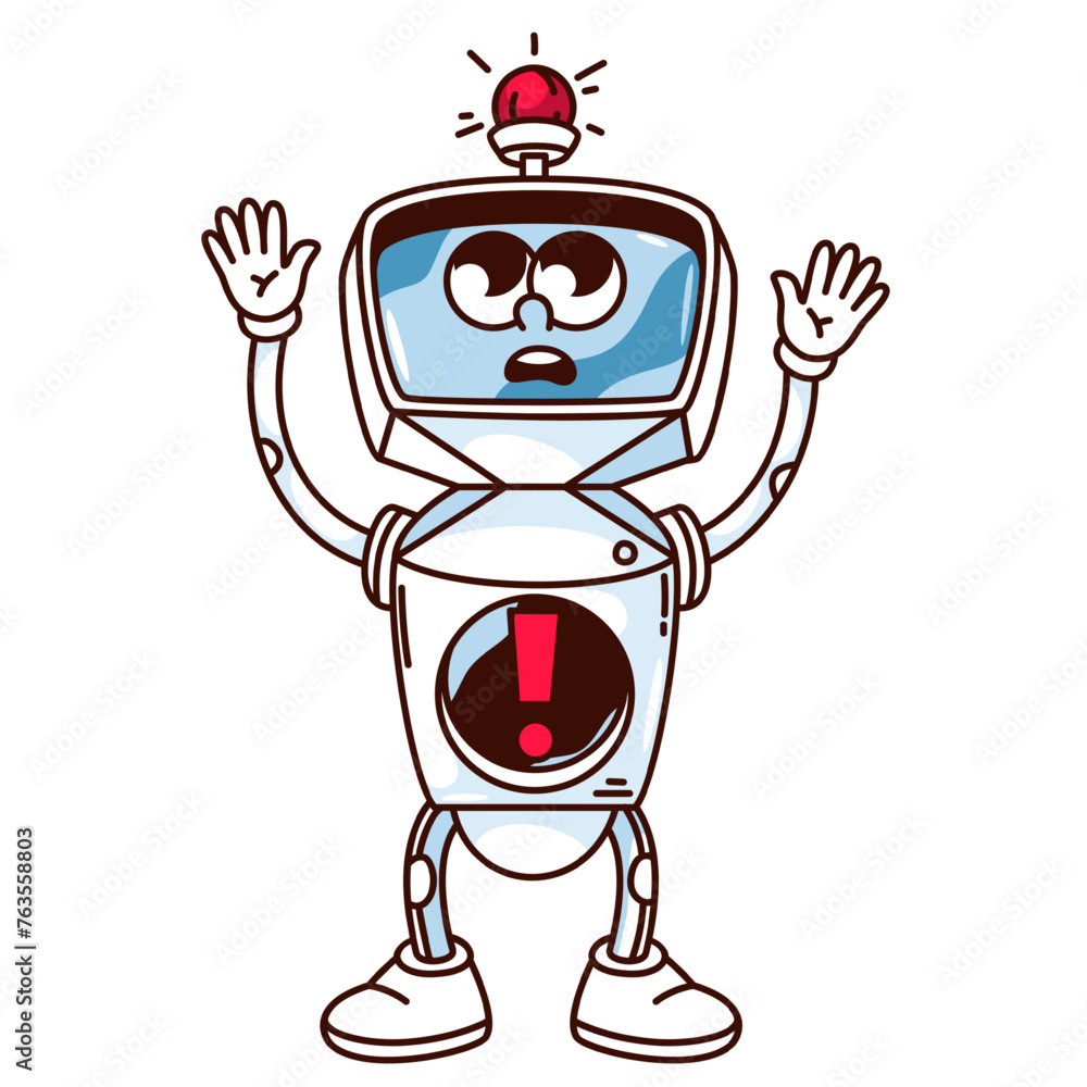 Groovy robot cartoon character with important warning message. Funny ...