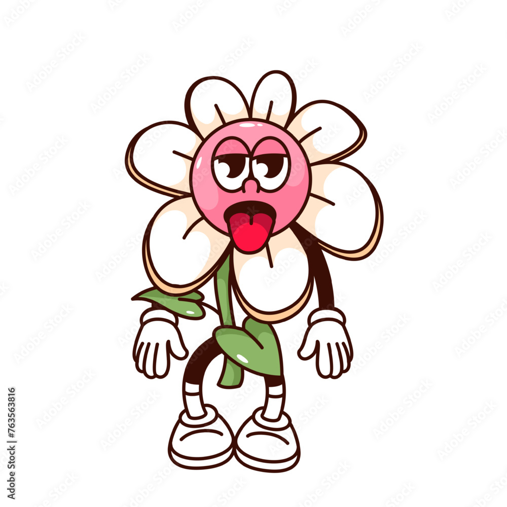 Groovy tired flower cartoon character with tongue sticking out. Funny ...