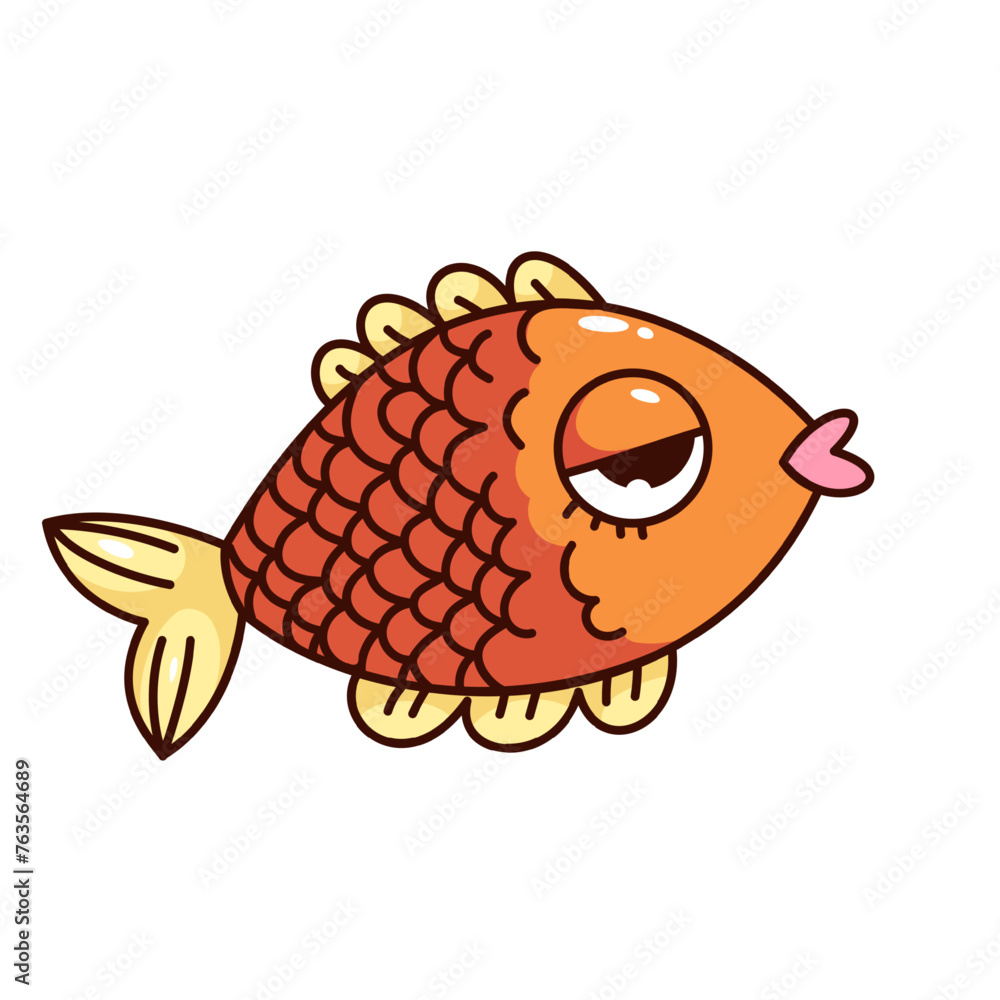 Groovy golden fish cartoon character with tired expression. Funny retro ...