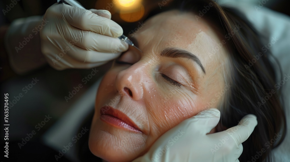 aged woman with facial treatment in aesthetic clinic, receives a botox ...