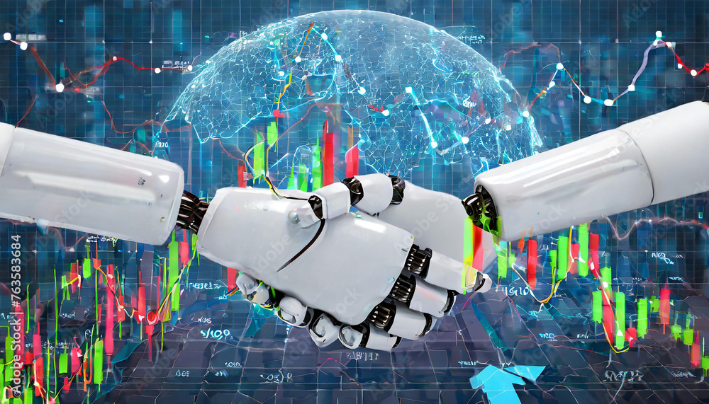 3d illustration humanoid robot handshake with stock market trading ...
