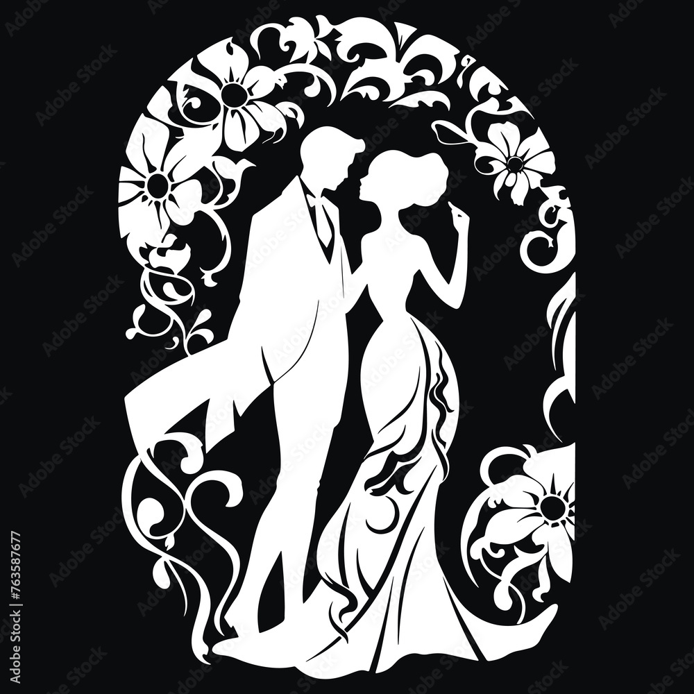 Woman and man love couple ornamental silhouettes with vintage floral ...