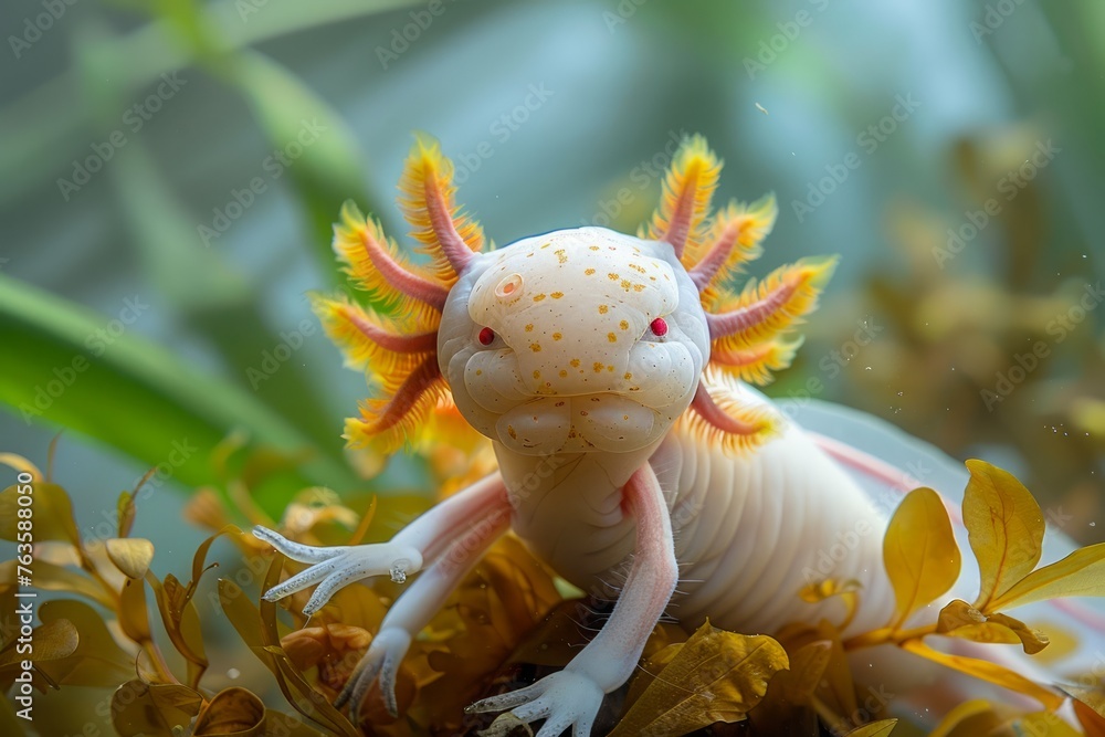 Close-up of a Smiling Axolotl (Ambystoma mexicanum) Resting on Aquatic ...
