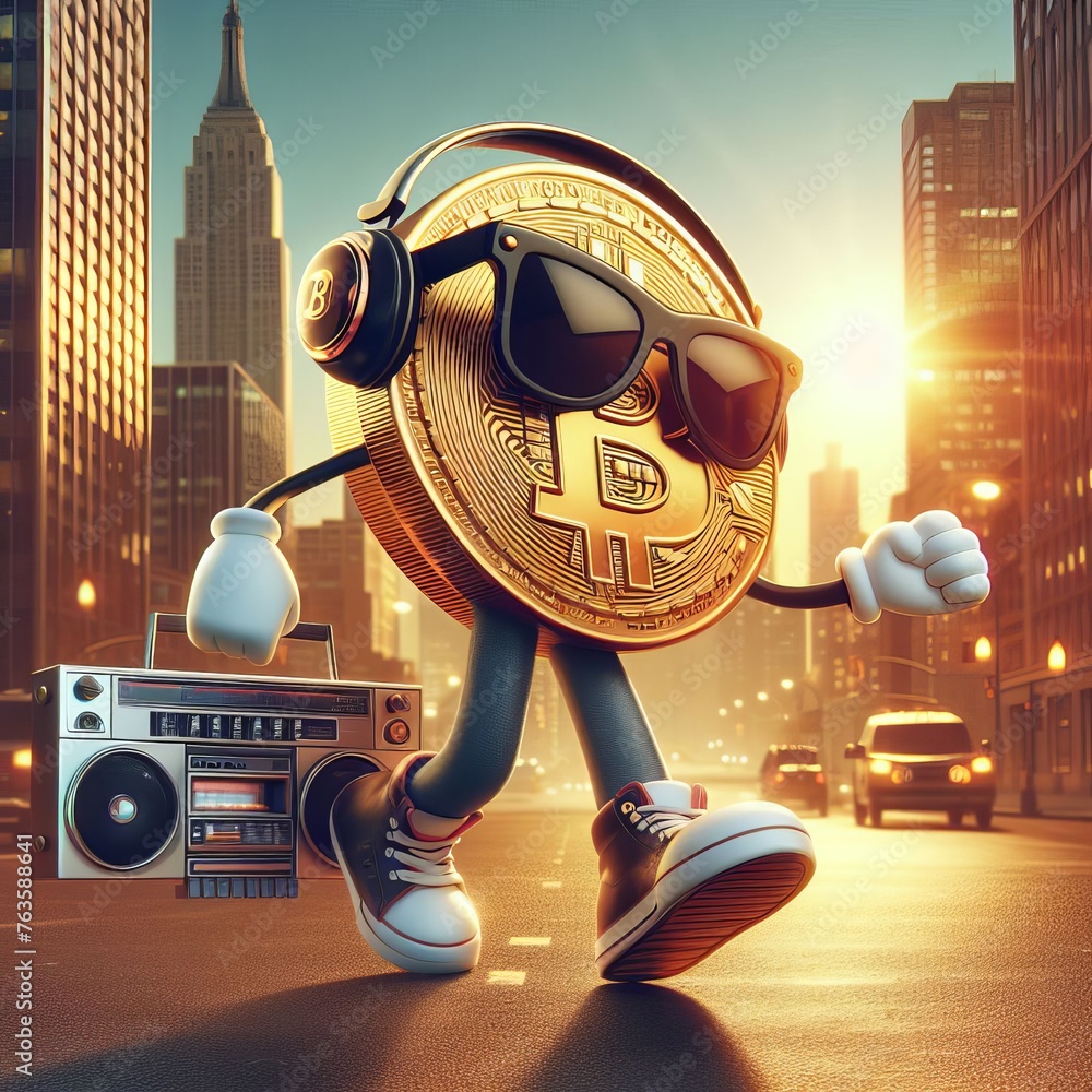 With the iconic city skyline behind, a Bitcoin character takes to the ...