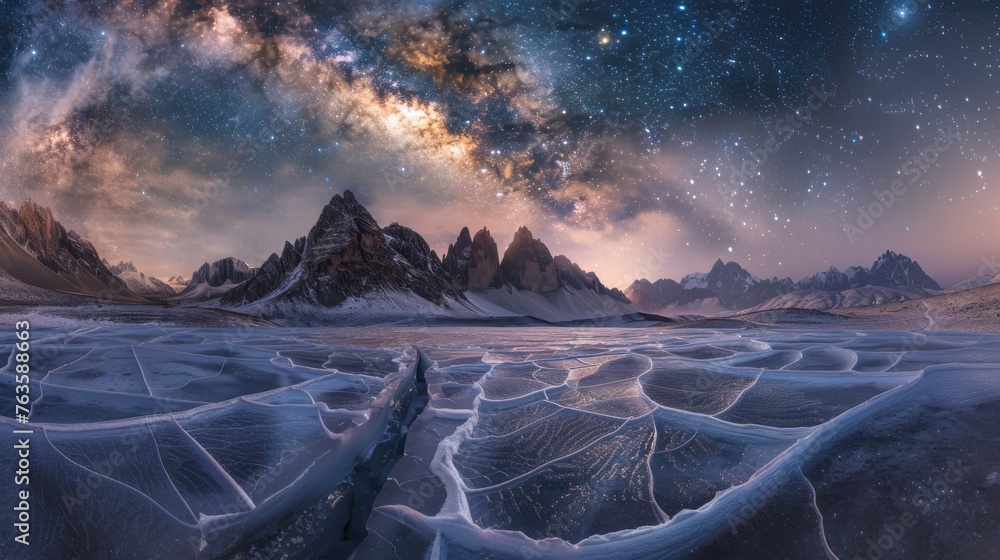 The Milky Way casting a celestial glow over a frozen landscape, with ...