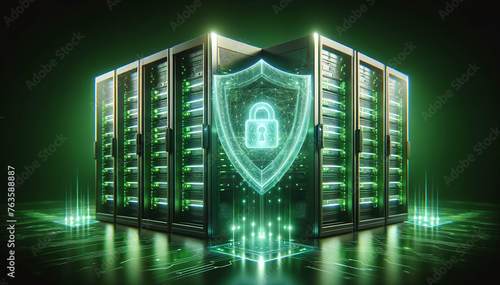 Advanced server racks in a green color scheme, safeguarded by a semi ...