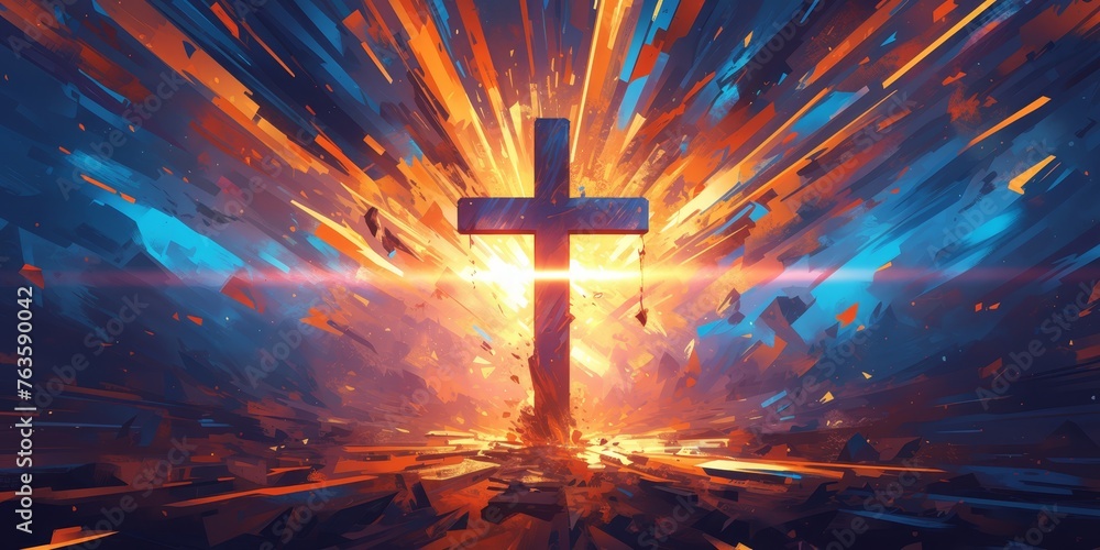 abstract digital art of the cross, background is an explosion of colors ...