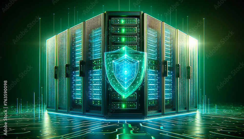 Advanced server racks in a green color scheme, safeguarded by a semi ...