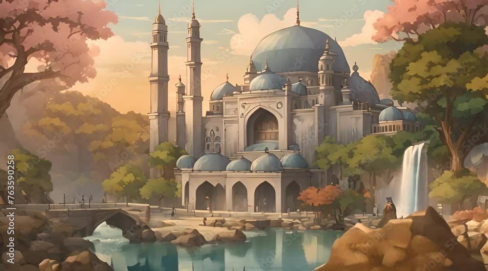Anime Oasis - Animation of a Beautiful Mosque with Waterfalls Stock ...