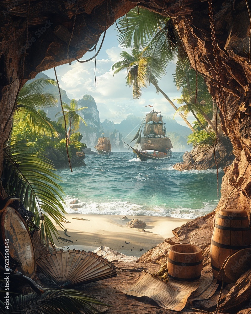 Capture the essence of a secretive pirate haven through a unique eye-level angle Infuse the ...