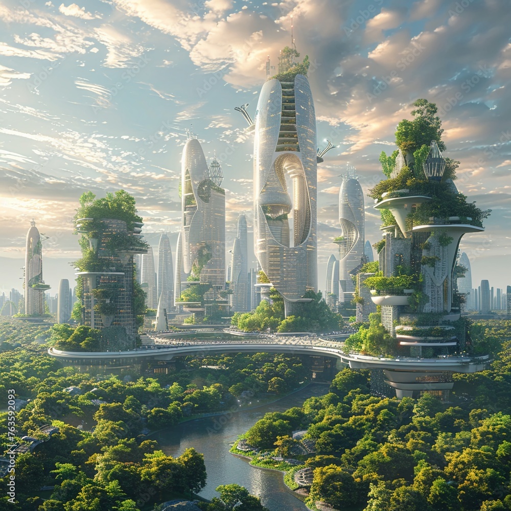 Illustrate a cityscape where futuristic architecture and urban design ...
