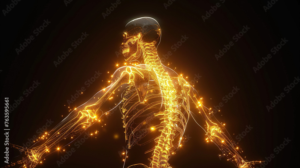 Luminous skeletal system, highlighted bones, joint articulation, bone ...