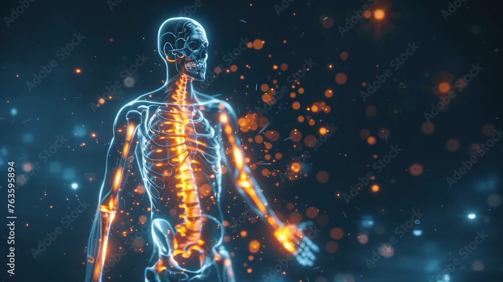 Luminous skeletal system, highlighted bones, joint articulation, bone ...