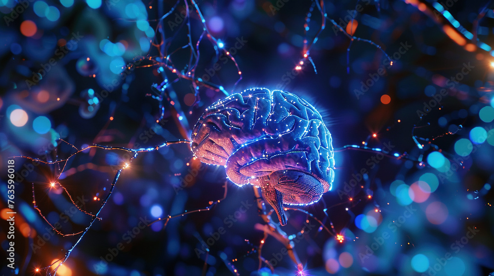 Illuminated Brain Synaptic Activity Neural Pathways Cerebral Functions Glowing Lobes Stock