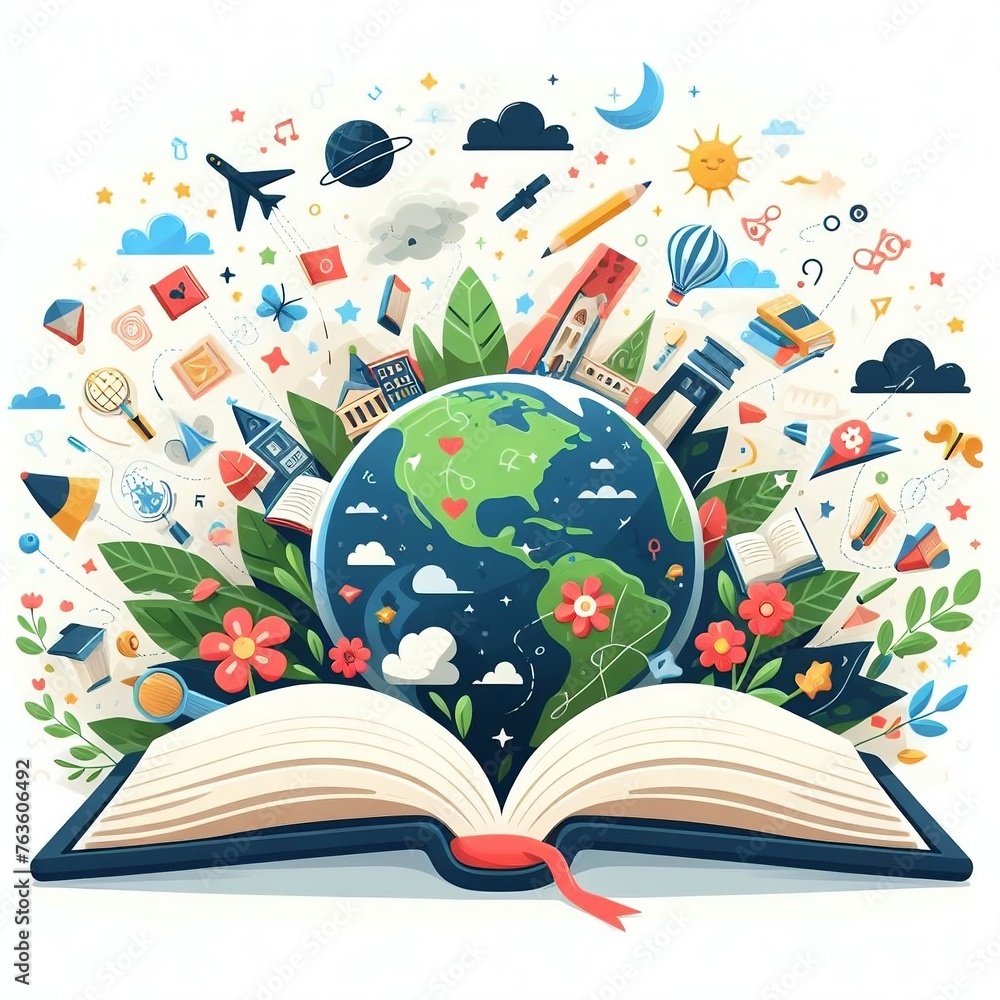 Flat design cartoon World Book Day illustration. Open book with stories ...