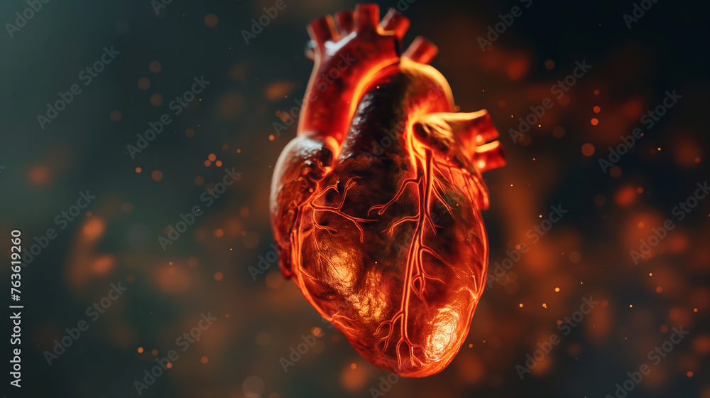 Glowing Human Heart Illustration Showing Veins and Arteries. Stock ...