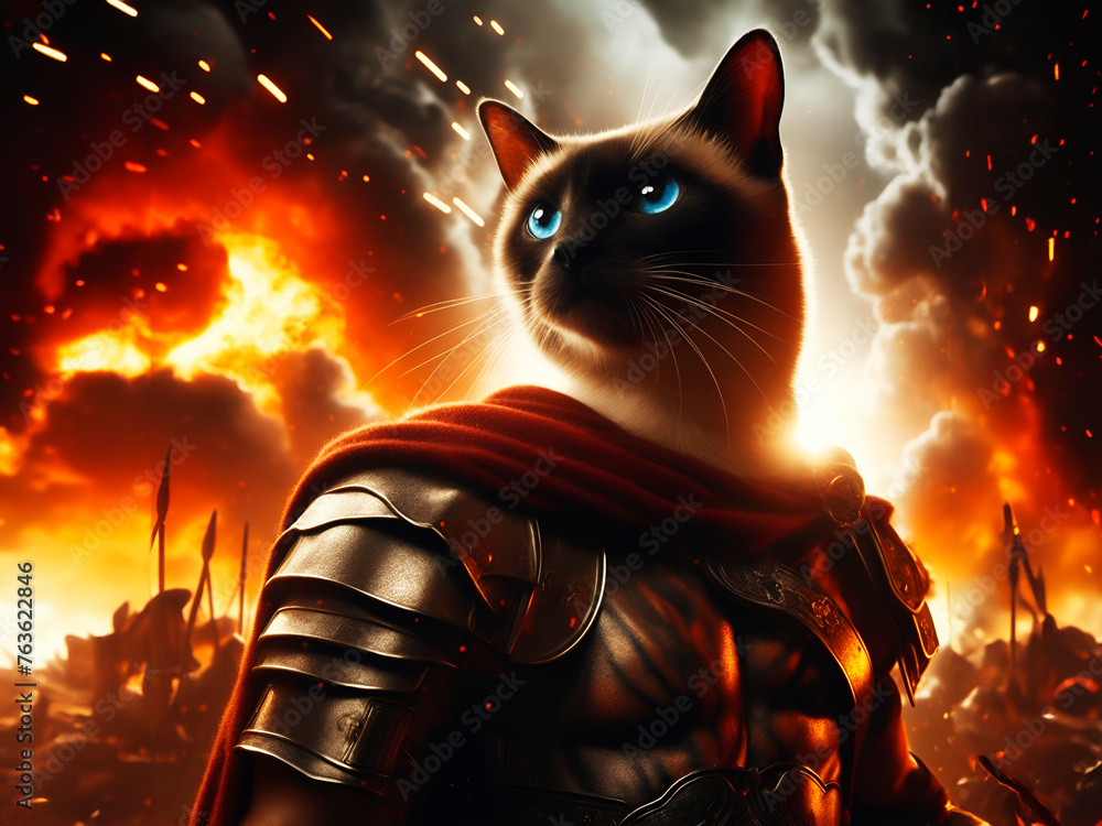 Anthropomorphic Siamese cat as a gladiator, cute animal portrait for a ...