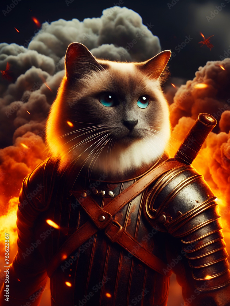 Anthropomorphic Siamese cat as a gladiator, cute animal portrait for a ...