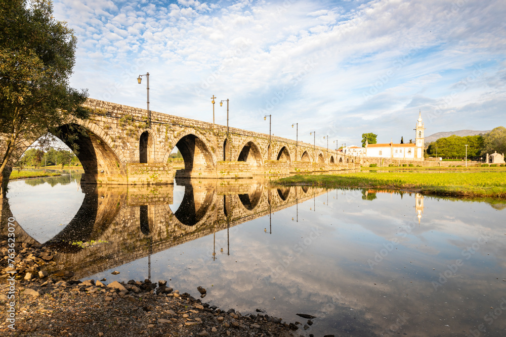 roman bridge over Lima river and the church of Saint Anthony of the Old ...