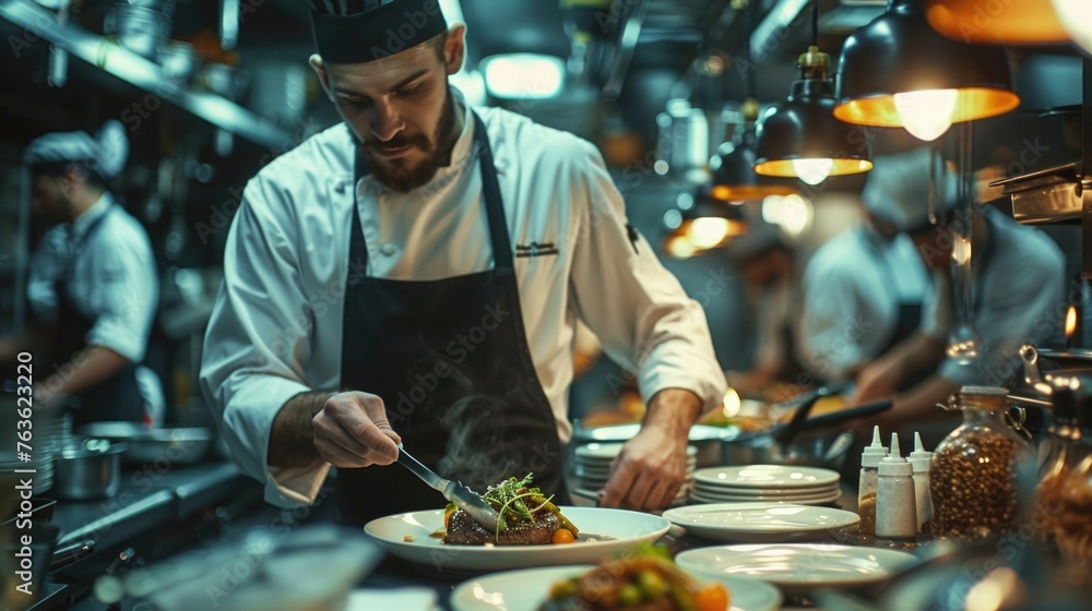Professional chef plating a gourmet dish in high-end restaurant kitchen ...