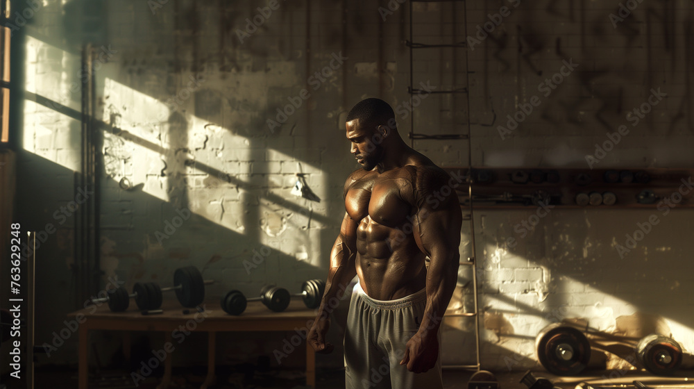 A highly muscular and glistening bodybuilder poses confidently in a gym ...