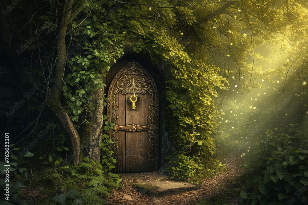 An enchanted forest door slightly open, with a magical key in the ...