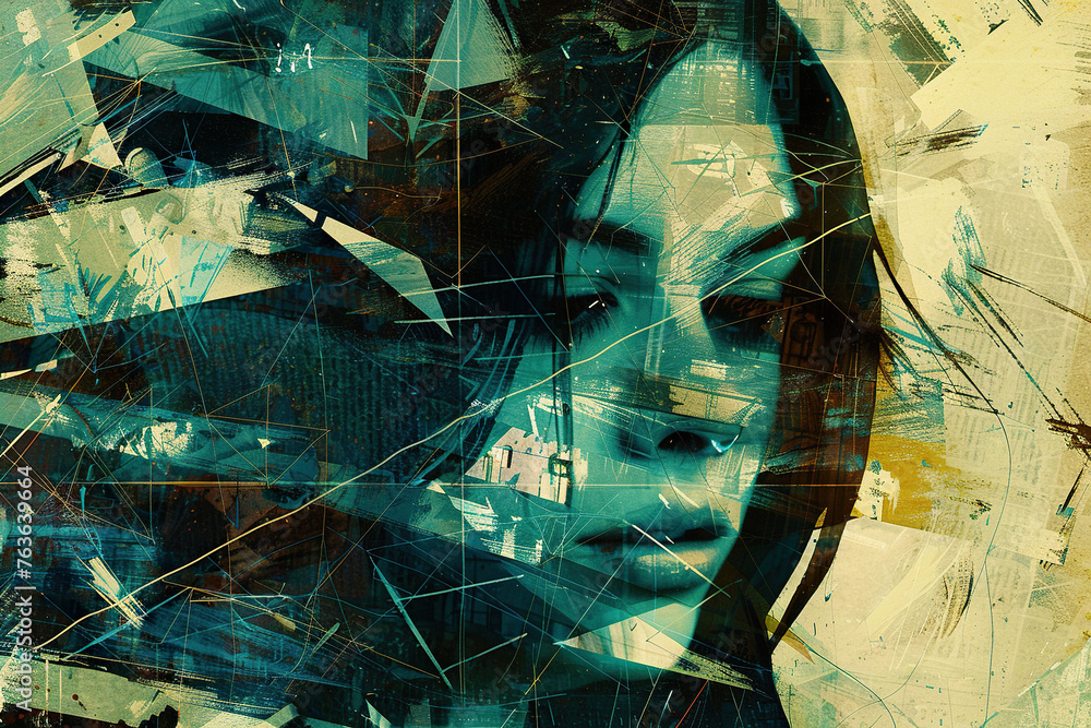 A painting depicting a womans face entirely surrounded by shards of ...