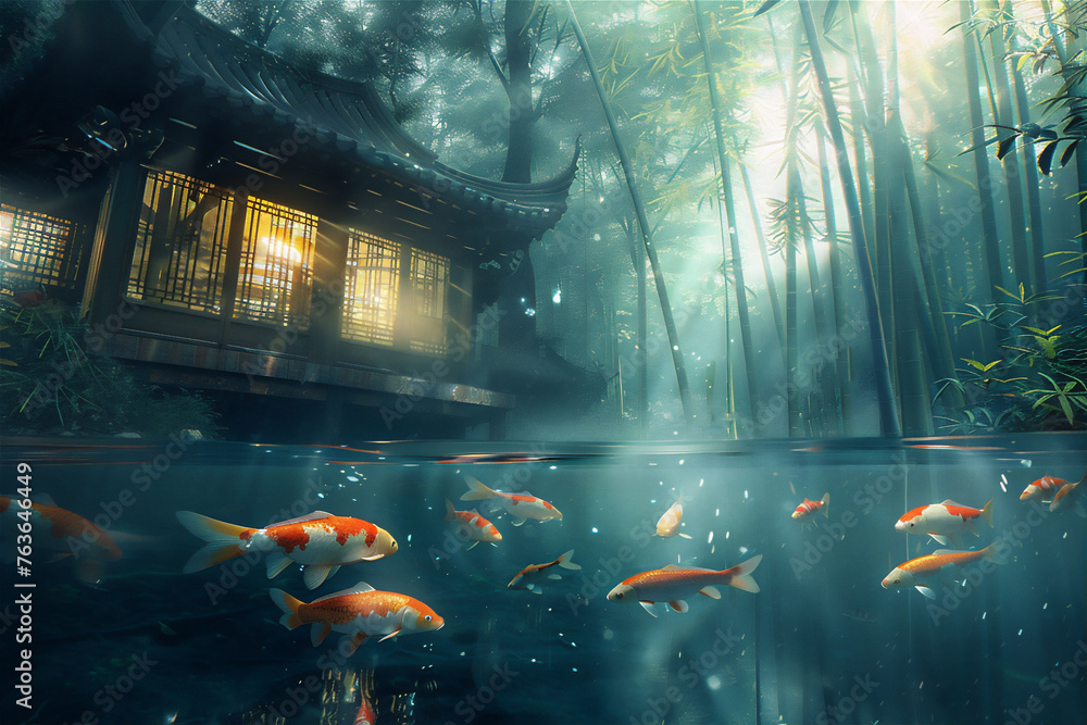 Clear river in half under water view with colorful Koi goldfishes under ...