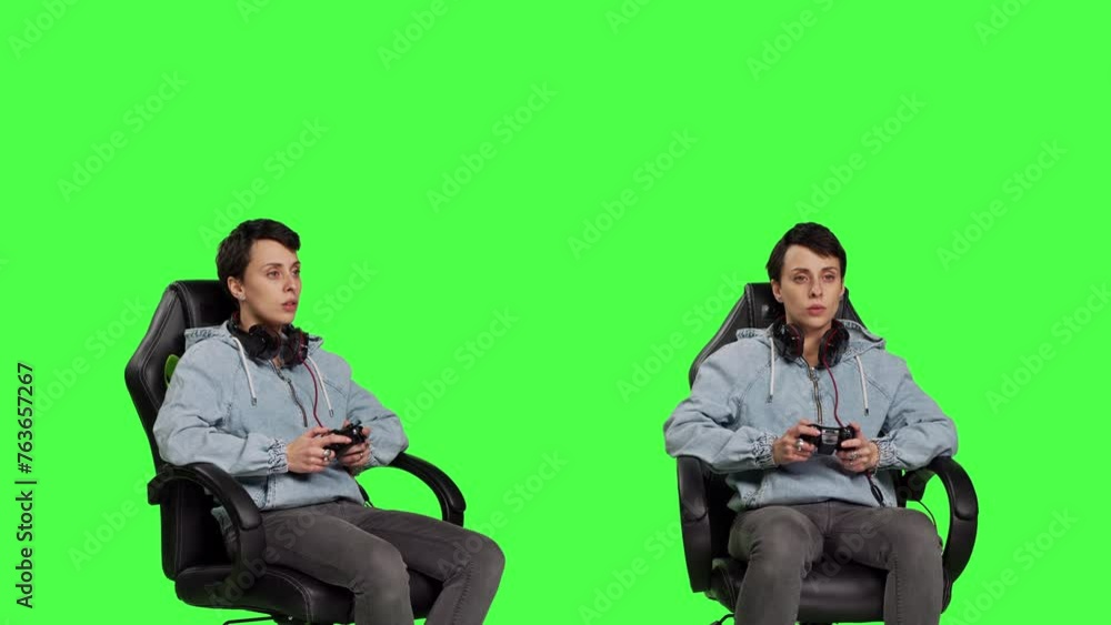 Woman gamer playing online video games with controller, sitting in an ...