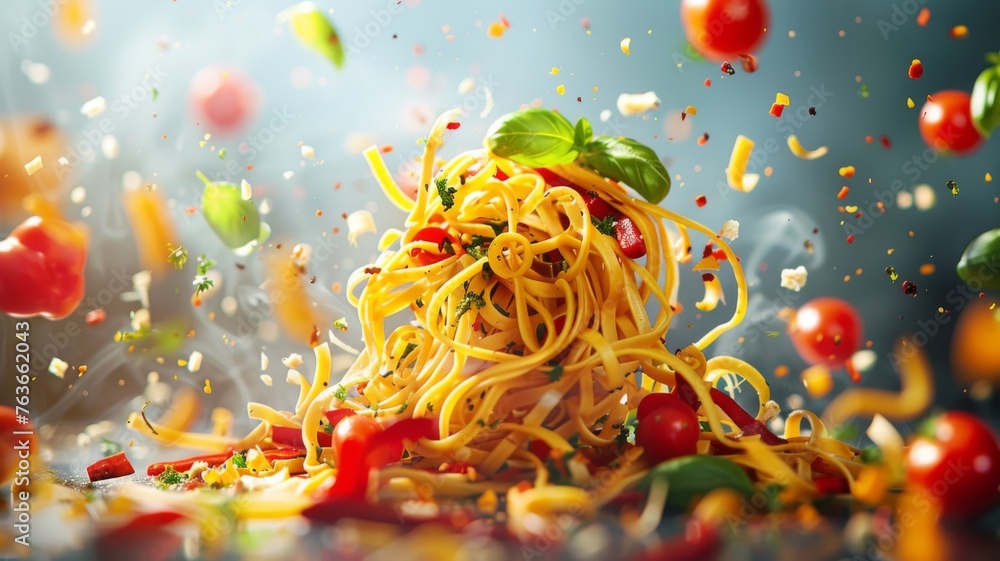 Spaghetti with tomatoes in mid-air toss - A vibrant presentation of ...