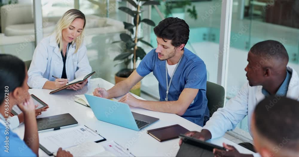Nurse, team and discussion for healthcare in conference room with ...