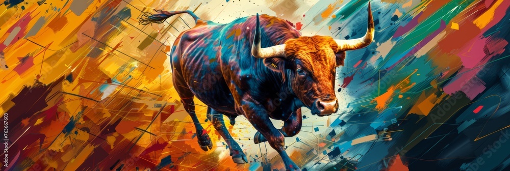 Dynamic bull in colorful abstract art style - This image captures a ...