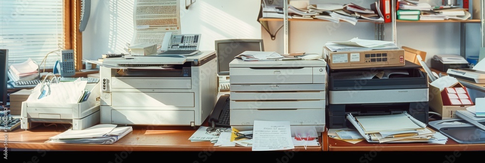 Messy office space with multiple printers - An overcrowded office ...