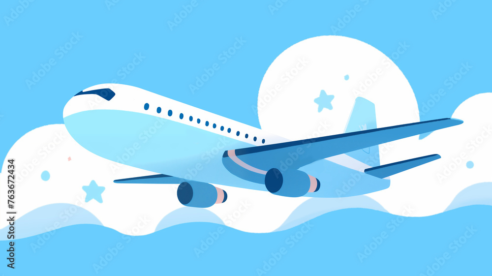 Hand drawn cartoon illustration of passenger plane flying in the blue ...