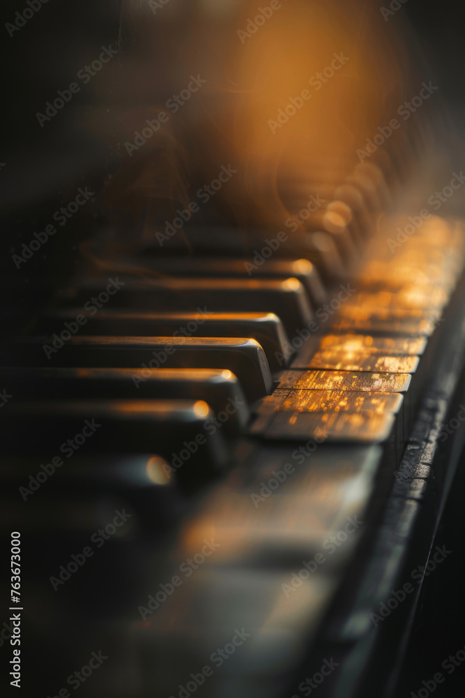 Sunset light casting golden hues on piano keys - A stunning image with ...